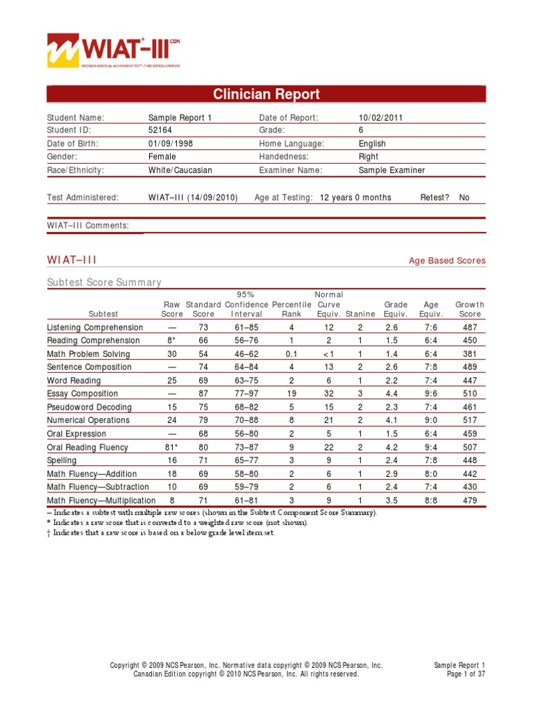 Wiat III Clinician Sample Report A | PDF | Consonant | Equations