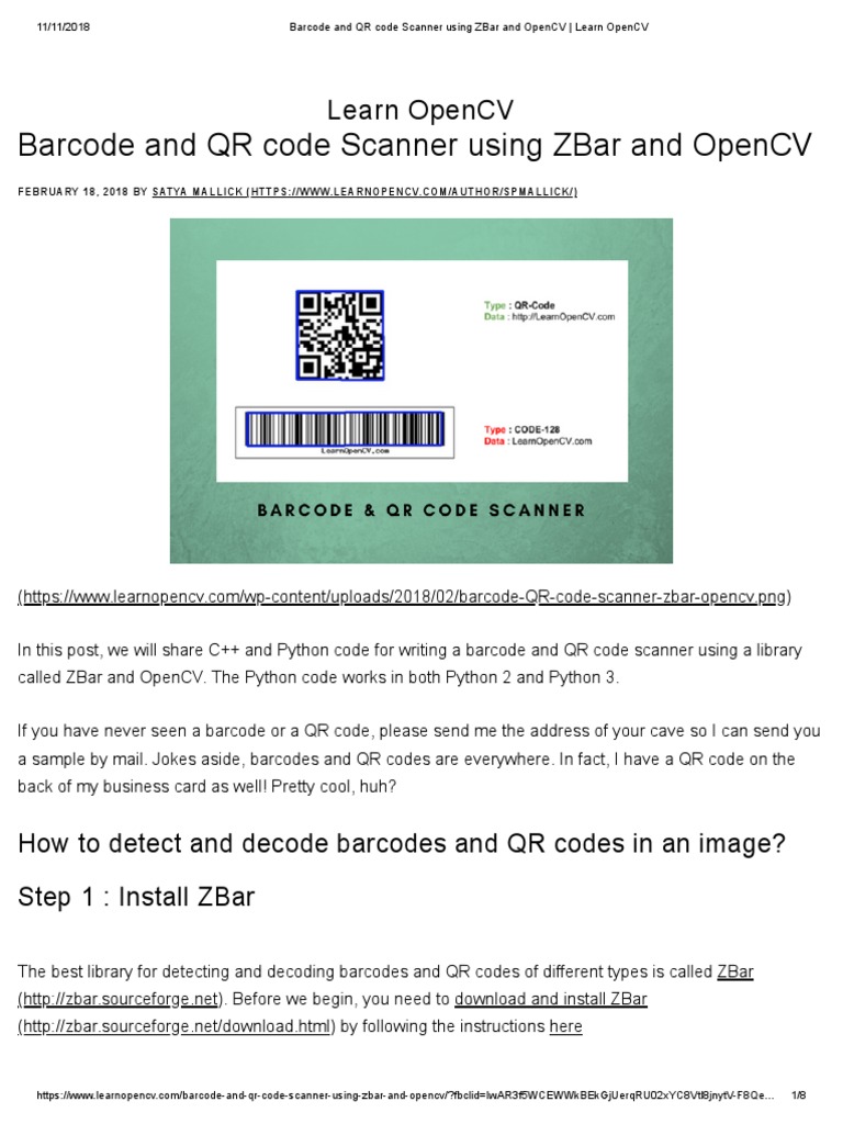 Barcode And Qr Code Scanner Using Zbar And Opencv Learn Opencv Pdf Qr Code Barcode