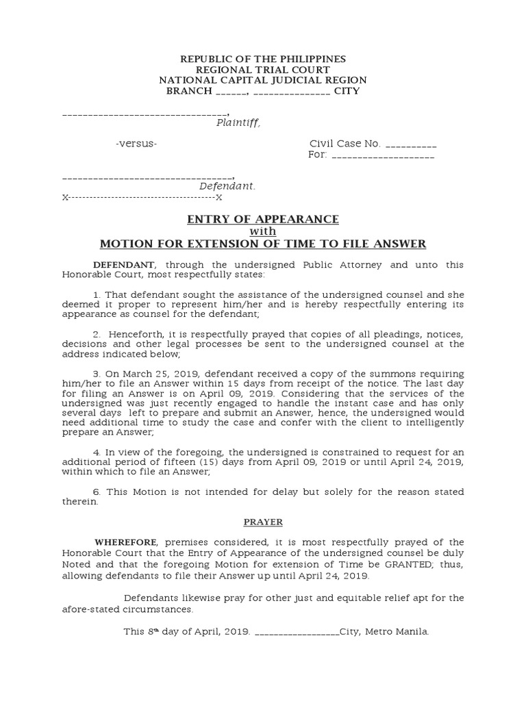 Entry of Appearance With Motion For Extension of Time-Format | PDF ...