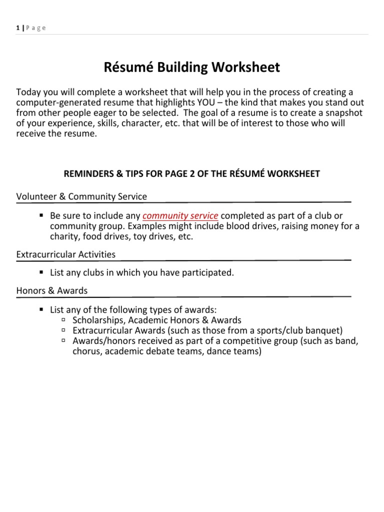 Reminders & Tips For Page 2 of The Résumé Worksheet | PDF | Résumé ...