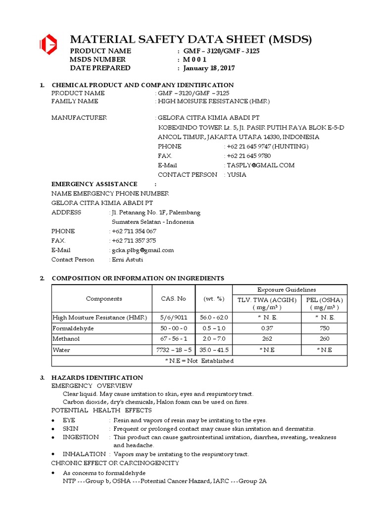 MSDS HMR PDF | PDF | Formaldehyde | Personal Protective Equipment
