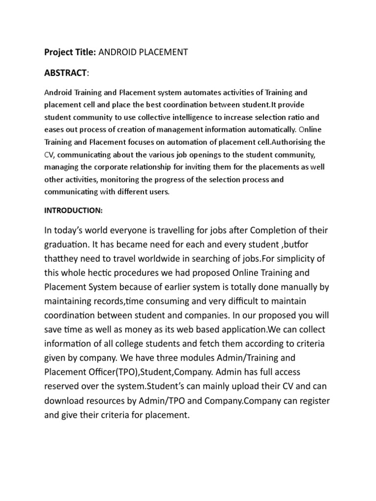 Android Placement Synopsis Pdf Operating System Information Technology 