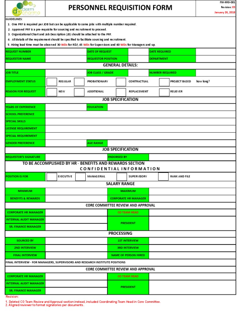 FM-HRD-001 Personnel Requisition Form Rev. 03 | PDF | Employment | Labor