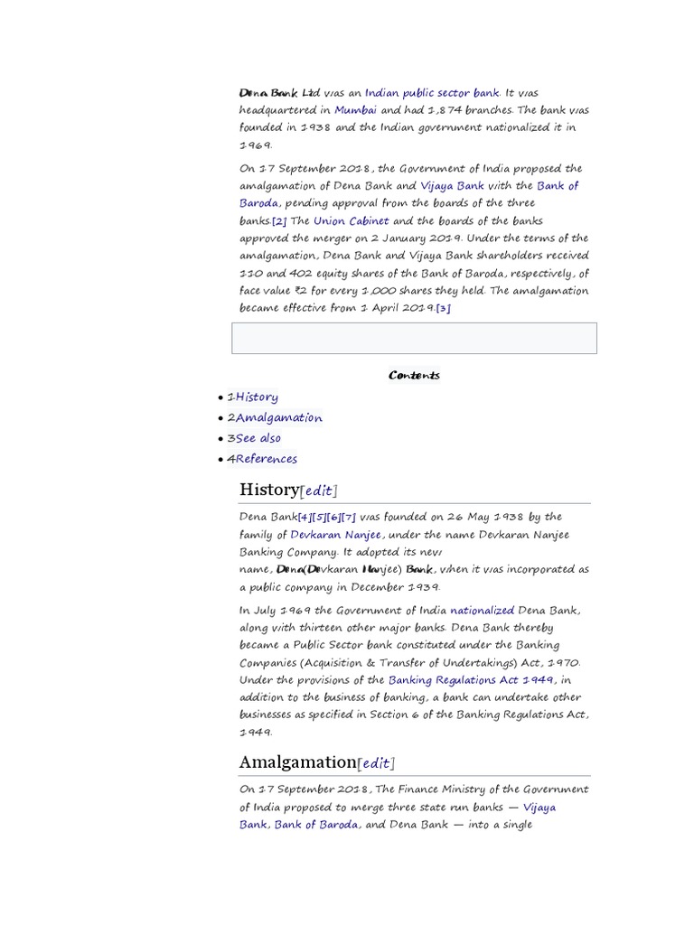 Dena Bank's History and Merger | PDF | Banking | Banks