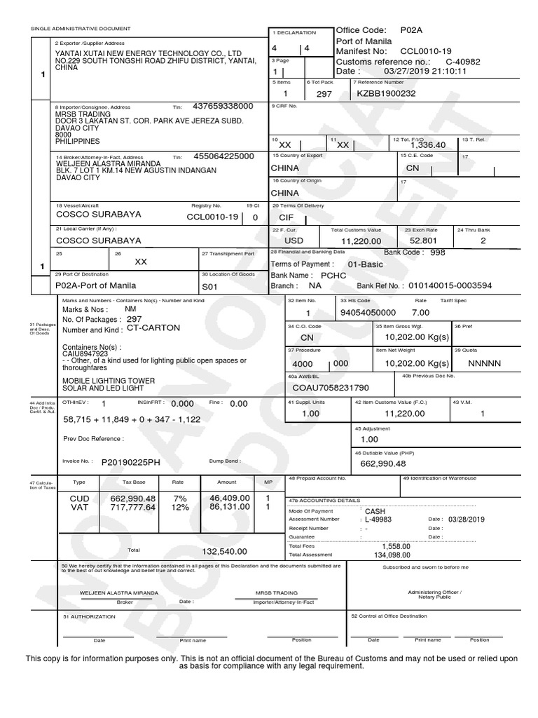 CusdecFinalSAD KZBB1900232 | PDF | Receipt | Taxes