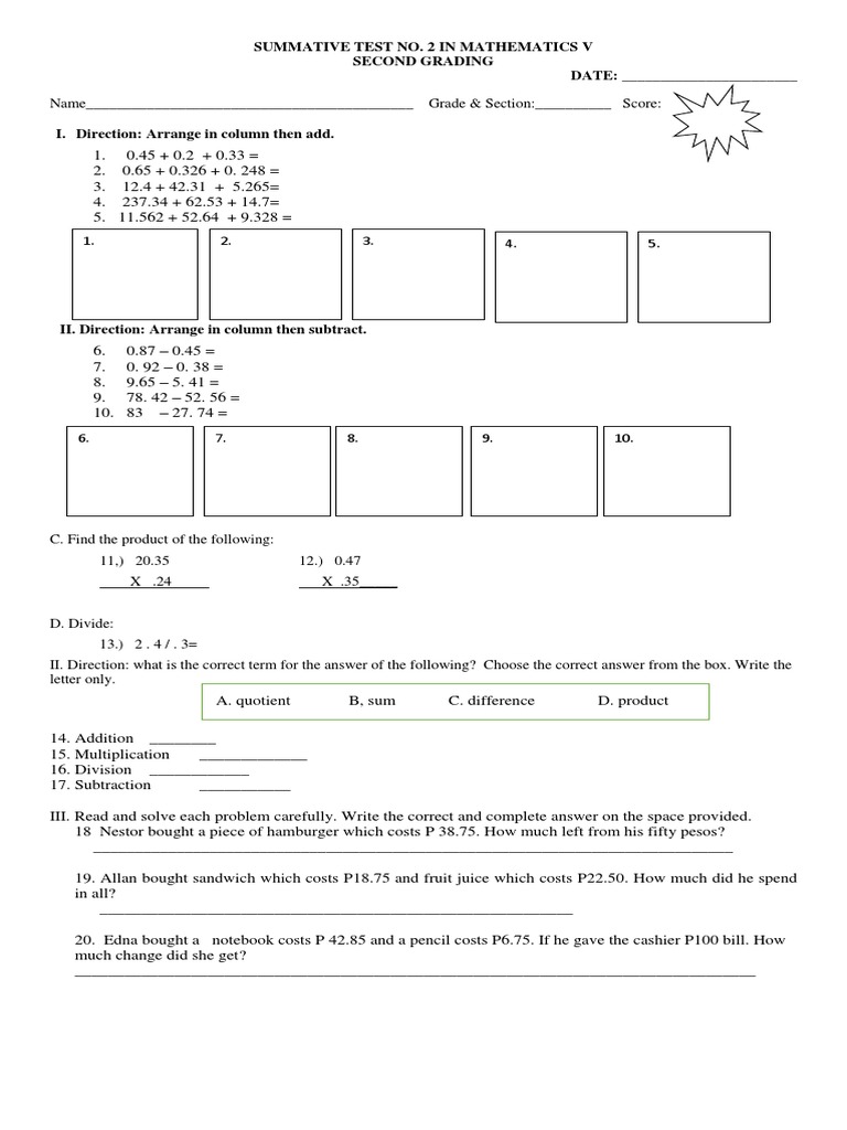 Summative Test No. 2 in Mathematics V Second Grading DATE | PDF
