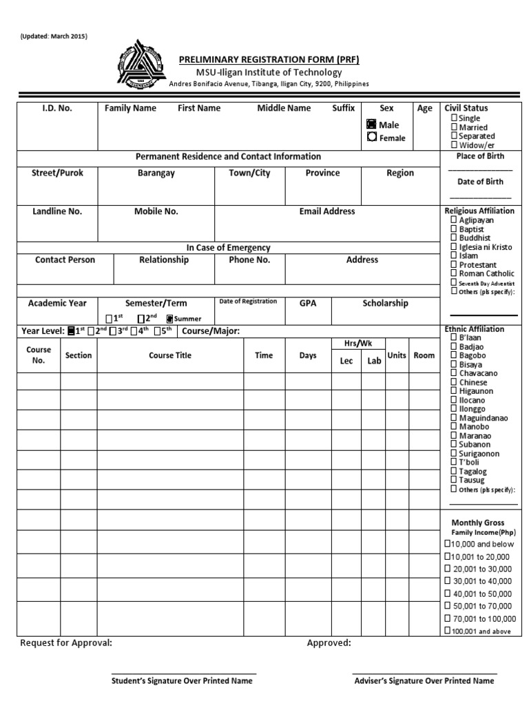 Preliminary Registration Form (PRF) : MSU-Iligan Institute of ...