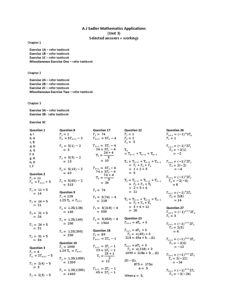 A.J Sadler Mathematics Applications: (Unit 3) Selected Answers + Workings | PDF