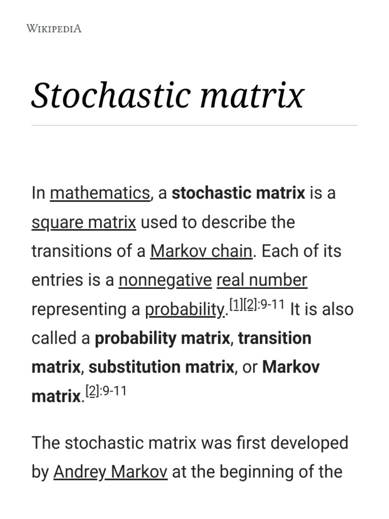 Stochastic Matrix Overview | PDF | Matrix (Mathematics) | Mathematical ...
