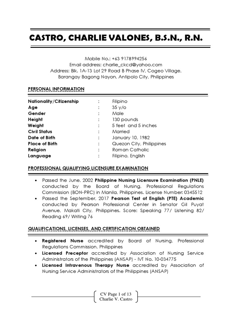 Resume Charlie Castro 2 | PDF | Infection Control | Emergency Department