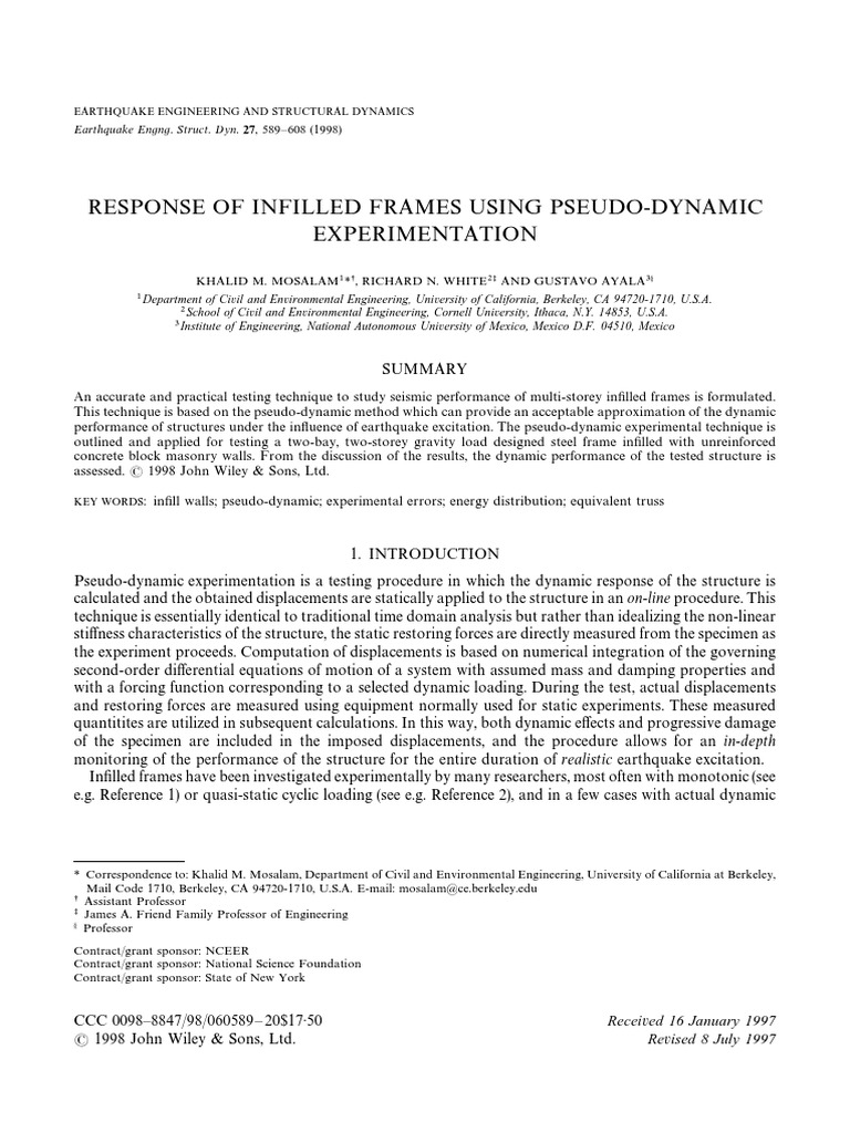 Response of Infilled Frames Using Pseudo-Dynamic Experimentation | PDF | Earthquake Engineering ...