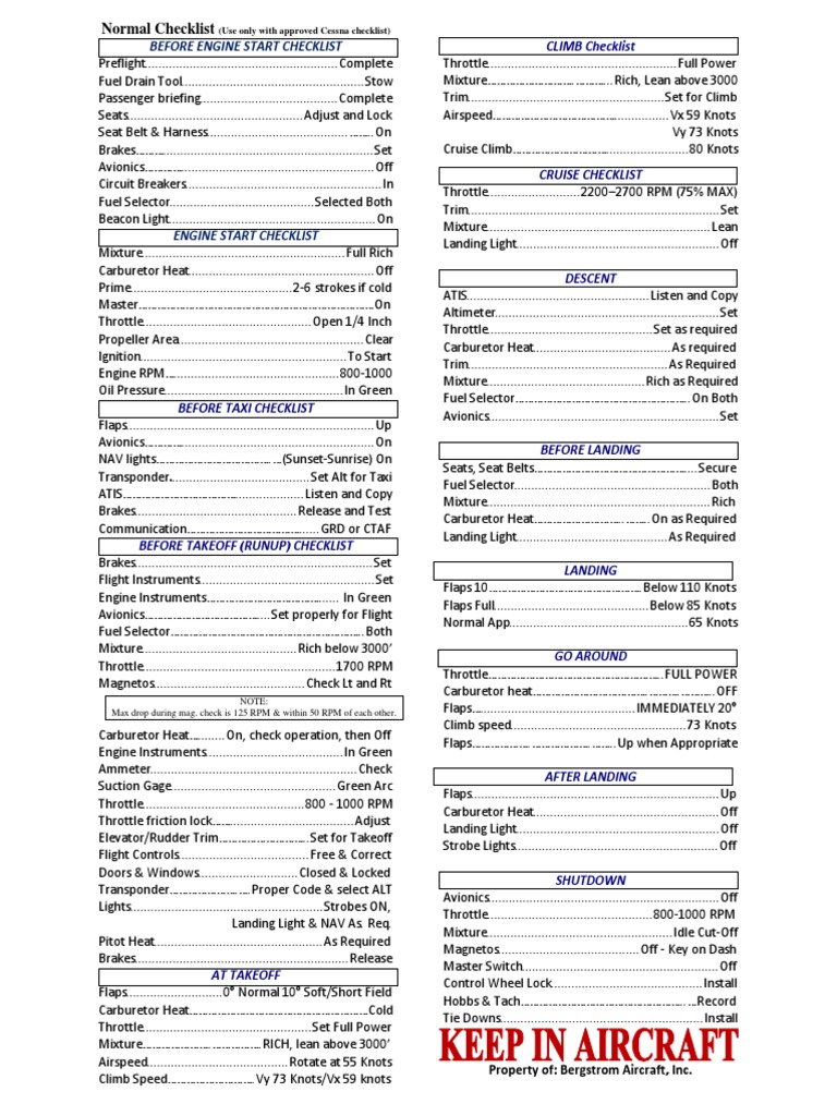 Normal Checklist: Before Engine Start Checklist | PDF | Carburetor ...