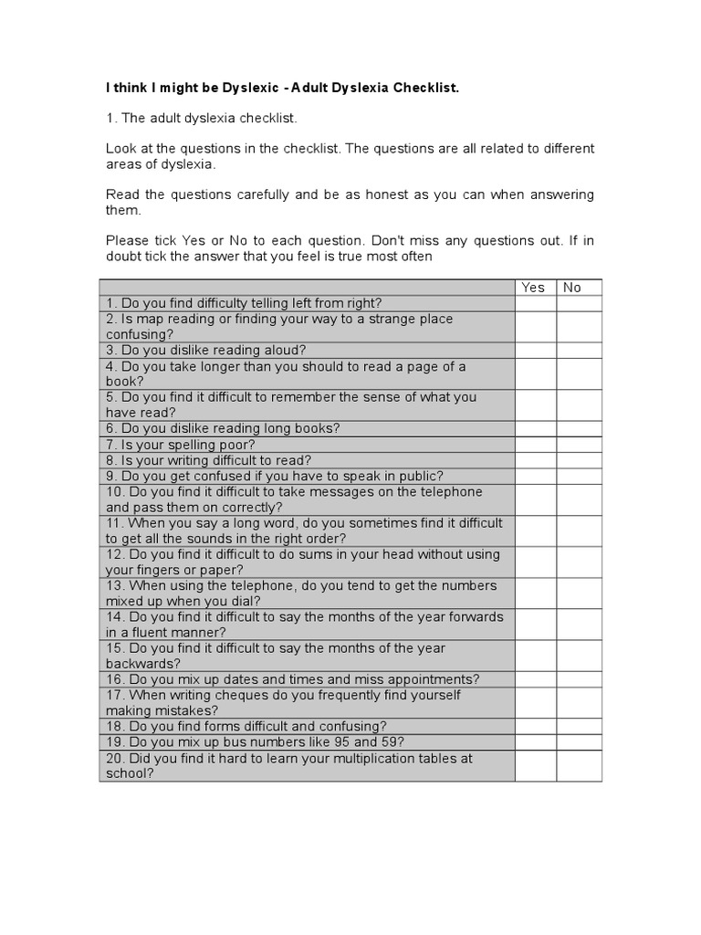 Adult Dyslexia Checklist | PDF | Dyslexia | Applied Psychology