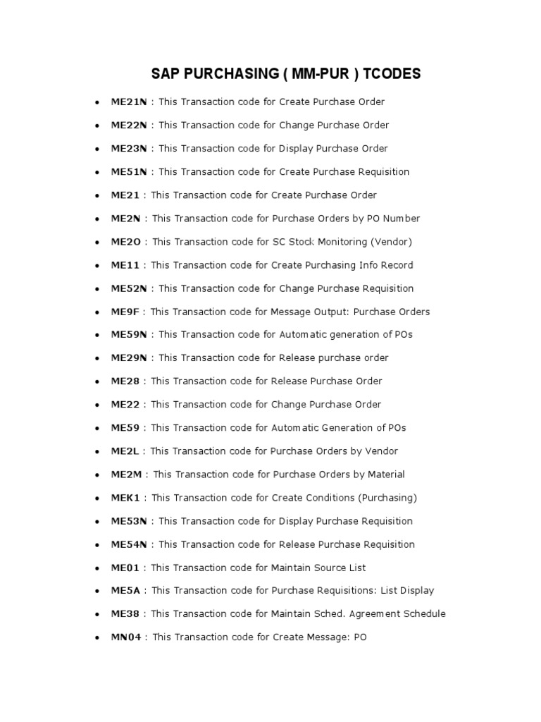 SAP Purchasing Transaction Codes List | PDF | Financial Transaction ...