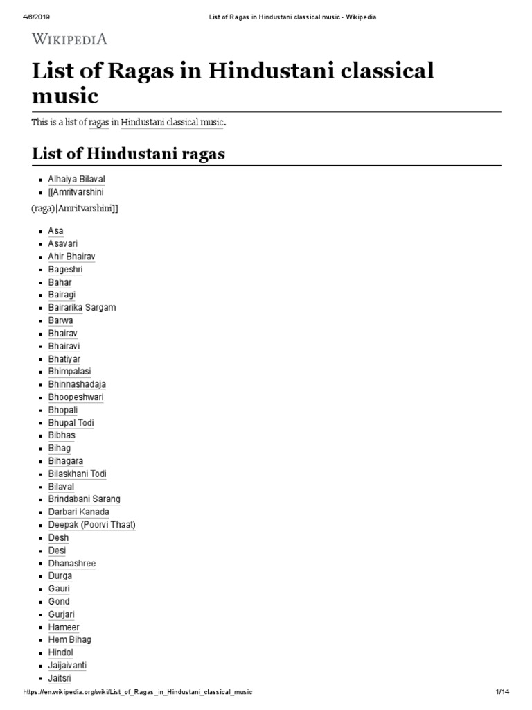 List of Ragas in Hindustani Classical Music - Wikipedia | PDF ...