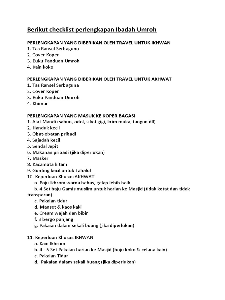 Checklist Perlengkapan Umroh 12 Hari | PDF