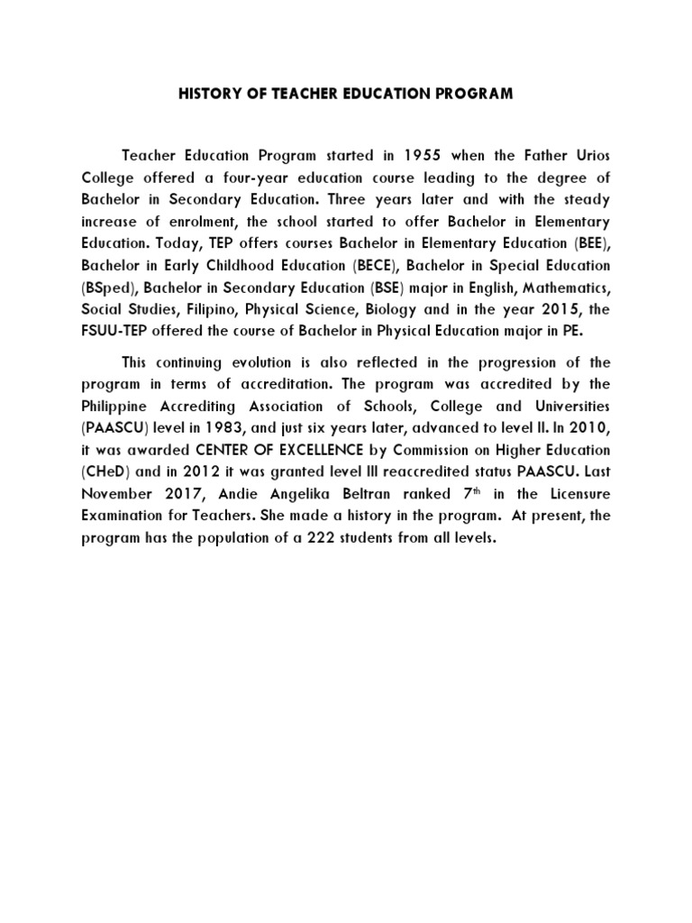 History of Teacher Education Program | PDF