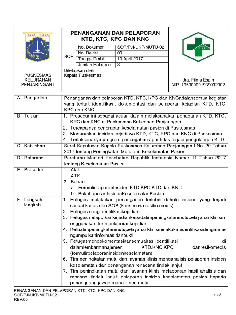 9.1.1 Ep 6 Sop Penanganan Dan Pelaporan KTD, KTC, KPC Dan KNC | PDF