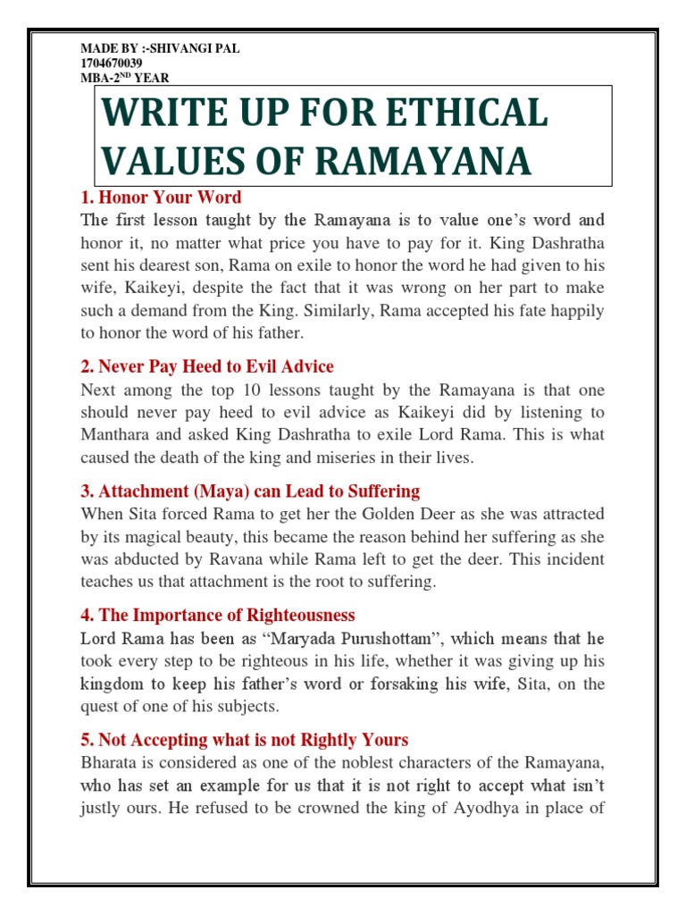 Ethical Values by Ramayana Write Up | PDF | Ramayana | Rama