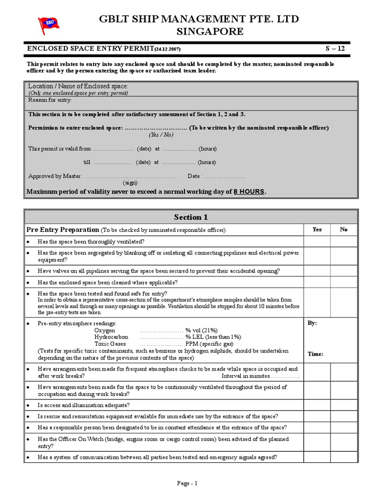 GBLT Ship Management Pte. LTD Singapore: Enclosed Space Entry Permit S ...