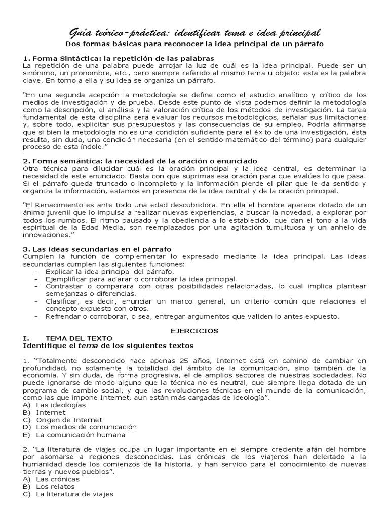 Comprensión Lectora Tema e Idea Principal 8° | PDF | Oración ...