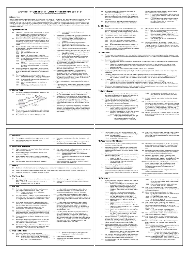WFDF Rules of Ultimate 2013 - Pocket Format PDF | PDF | Sports | Team ...