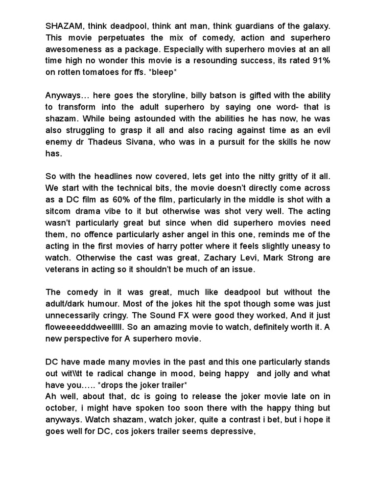 A Shazam Review Script | PDF | Captain Marvel (Dc Comics) | Leisure