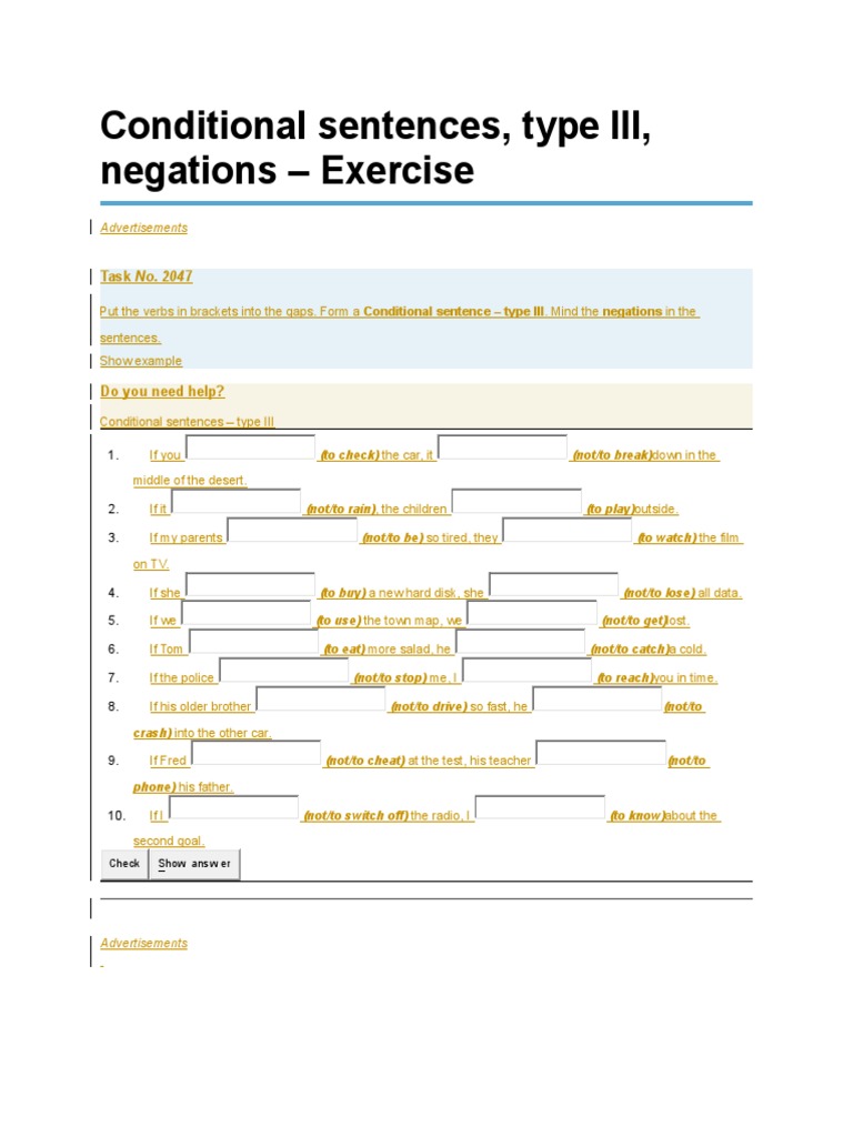 Conditional Sentences, Type III, Negations - Exercise: Task No. 2047 | PDF