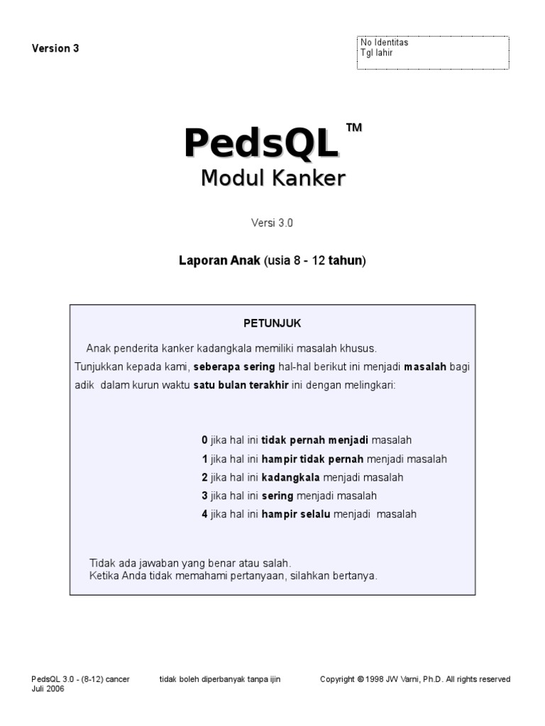 (PedsQL-3.0) Modul Kanker Laporan Anak. Usia 08-12. | PDF