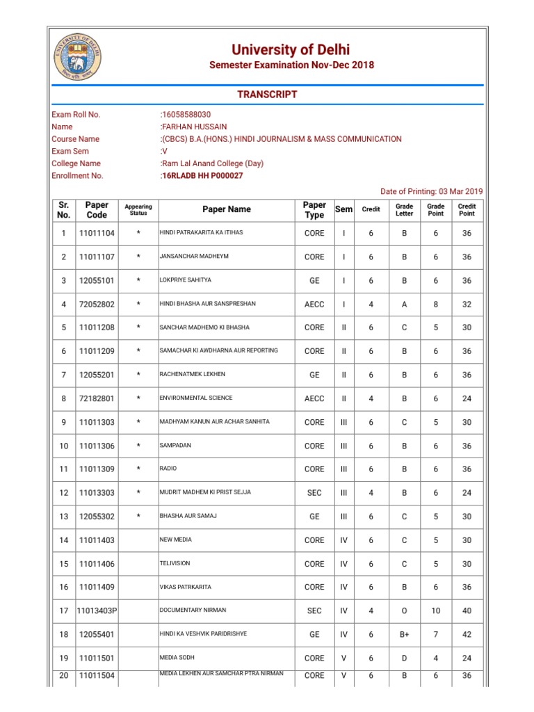 University of Delhi: Semester Examination Nov-Dec 2018 Transcript | PDF ...