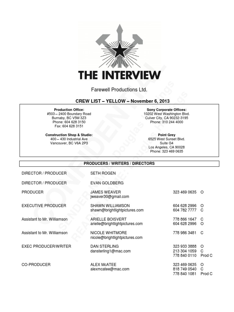 The Interview - Crew List - 12 | PDF | Filmmaking