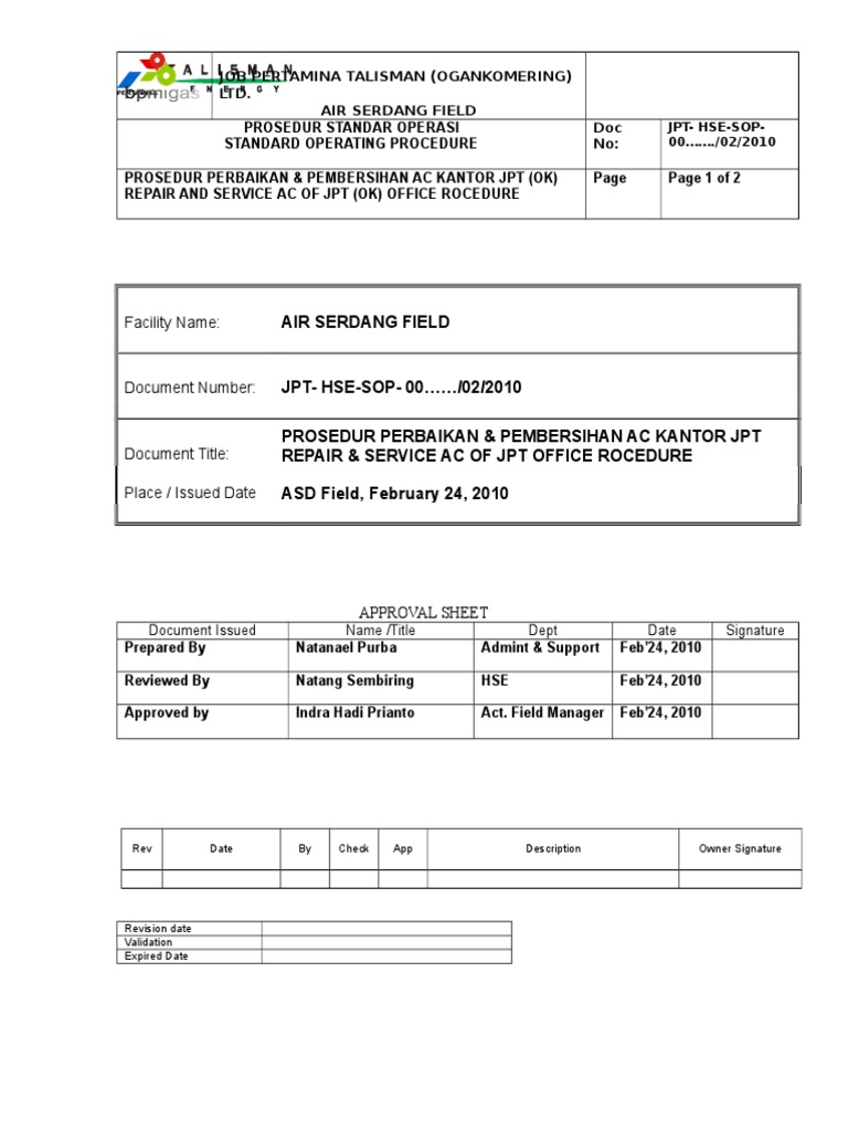 Sop Maintenance Ac Pdf Mechanical Engineering Nature