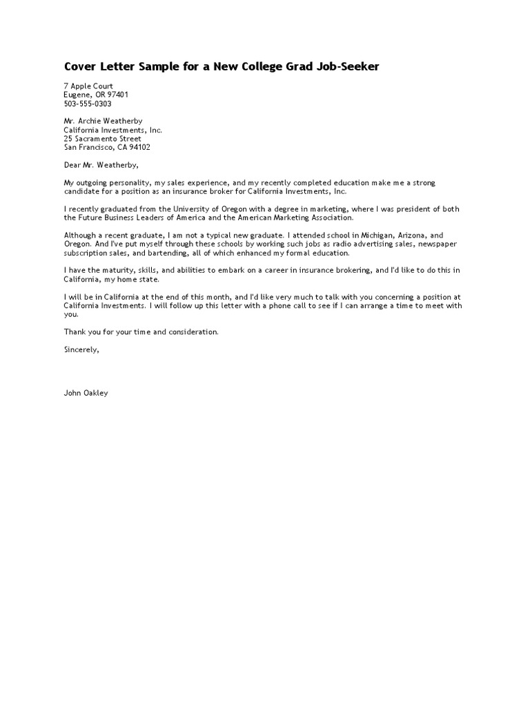 Cover Letter Sample For A New College Grad Job-Seeker | PDF