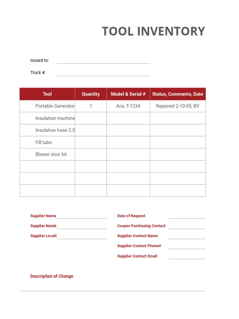 Tool Inventory: Tool Quantity Model & Serial # Status, Comments, Date | PDF