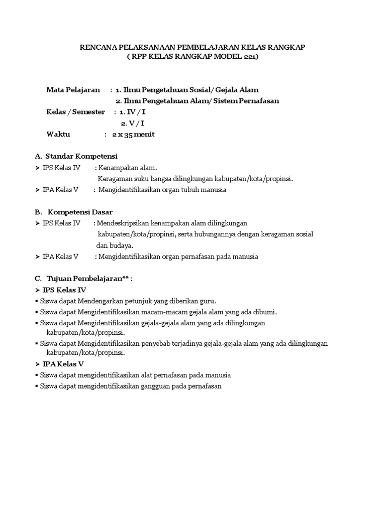 RPP Kelas Rangkap Model 221 K13 | PDF