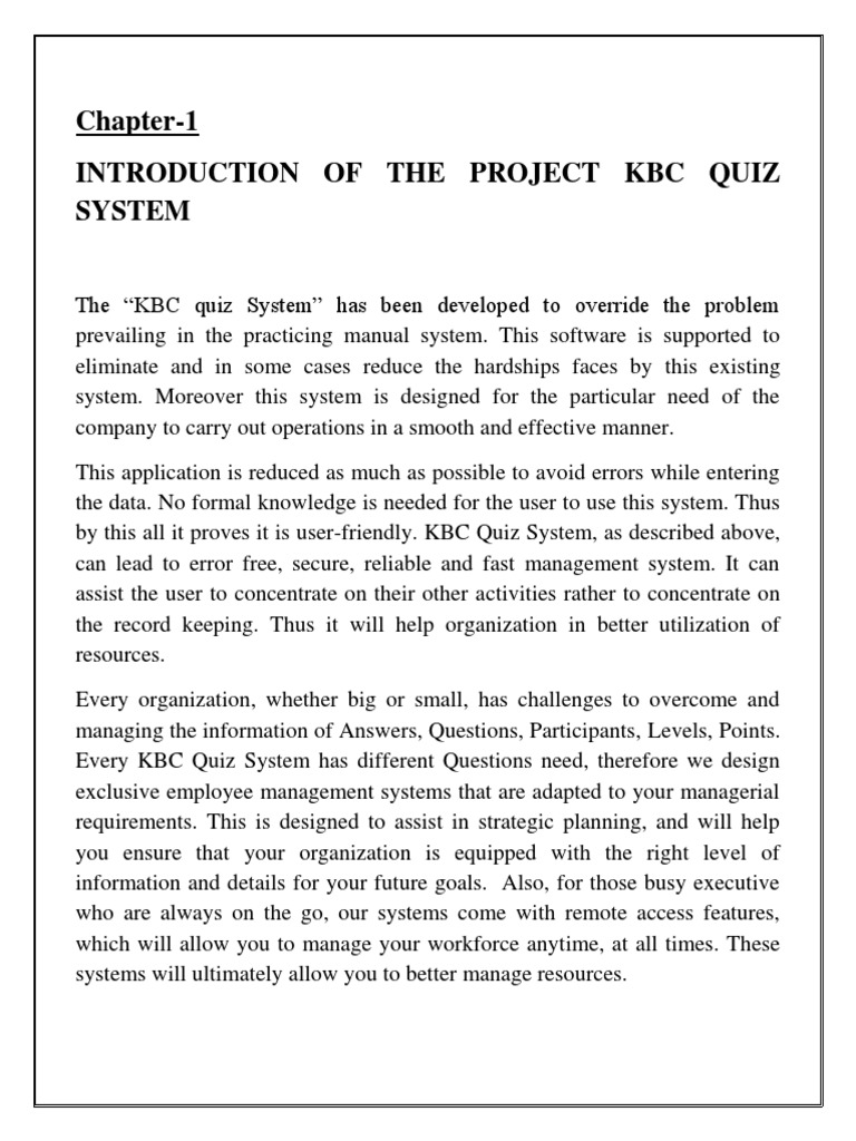 Chapter-1 Introduction of The Project KBC Quiz System | Download Free ...