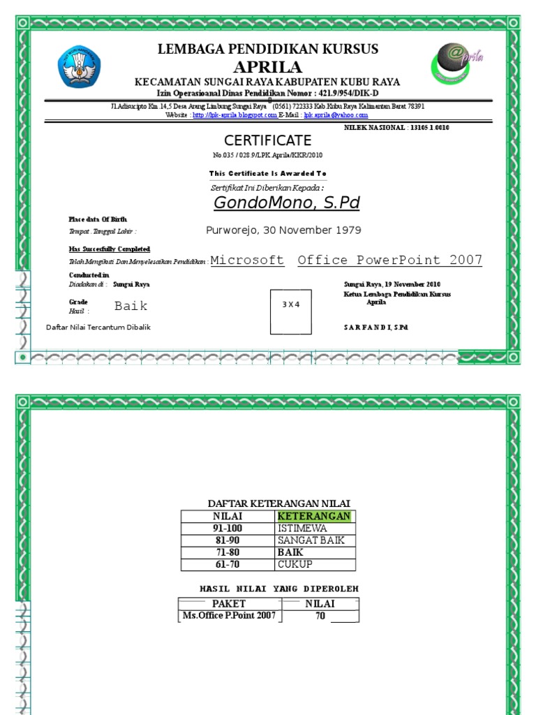 Sertifikat Kursus Komputer | PDF