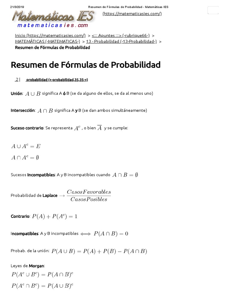Fórmulas Básicas de Probabilidad | PDF | Probabilidad | Determinante