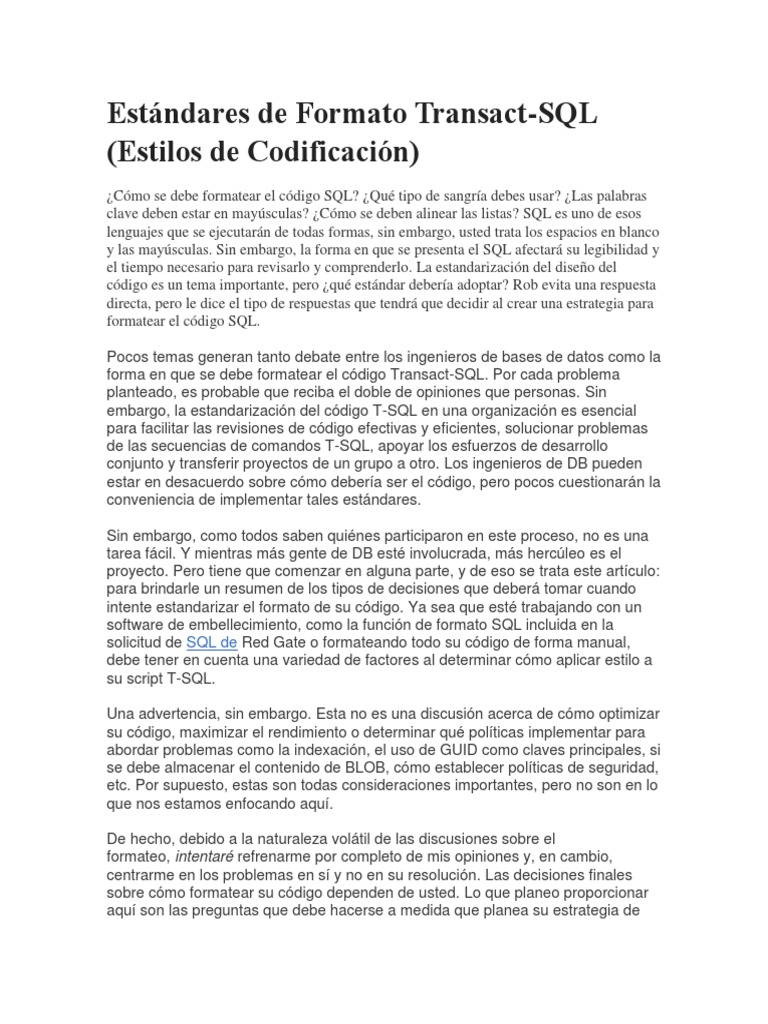 Estándares de Formato Transact-SQL | Descargar gratis PDF | SQL | Soporte