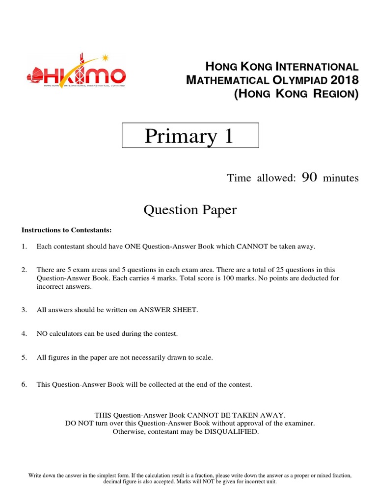 HKIMO 2018 G1 - Primary 1 (WWW - Defantri.com) PDF | PDF | Numbers ...