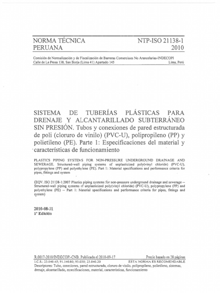 NTP ISO 21138-1 Sistema de Tuberías Plásticas para Drenaje y Alcantarillado Subterráneo Sin ...