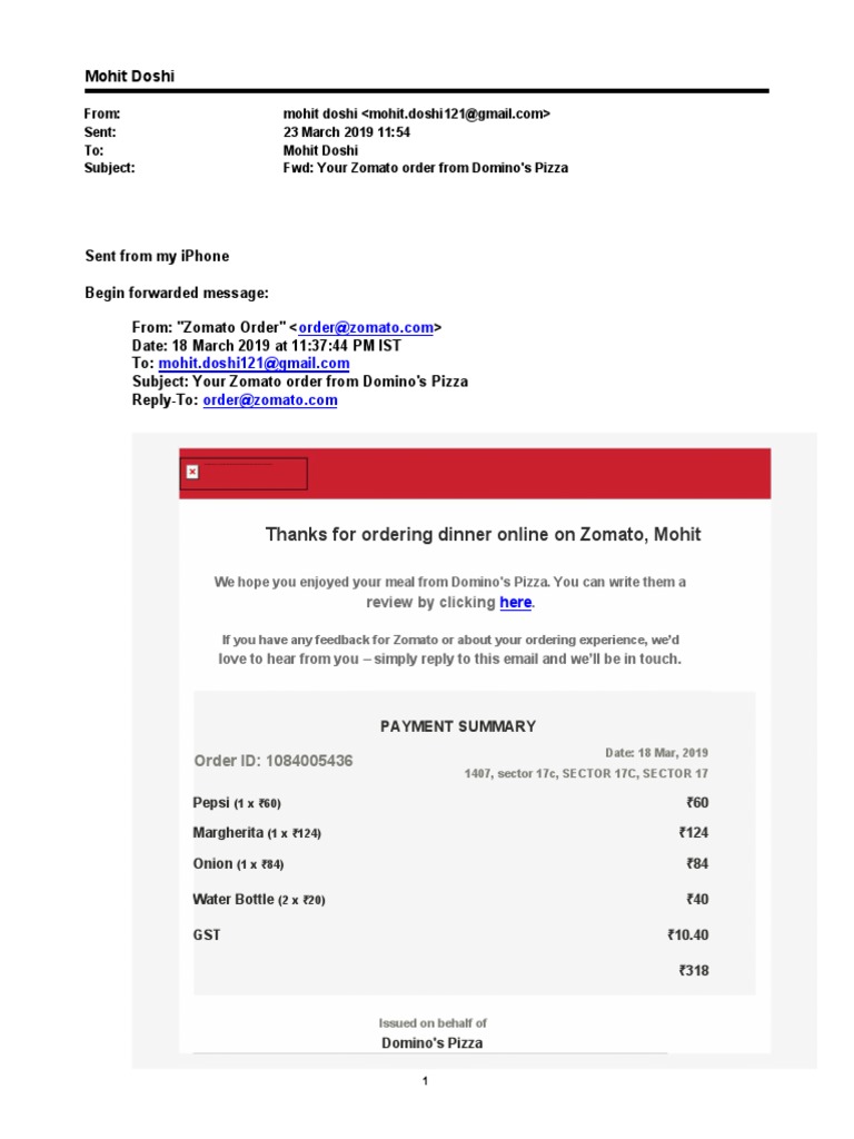 Mohit's order summary from Domino's Pizza delivered through Zomato | PDF