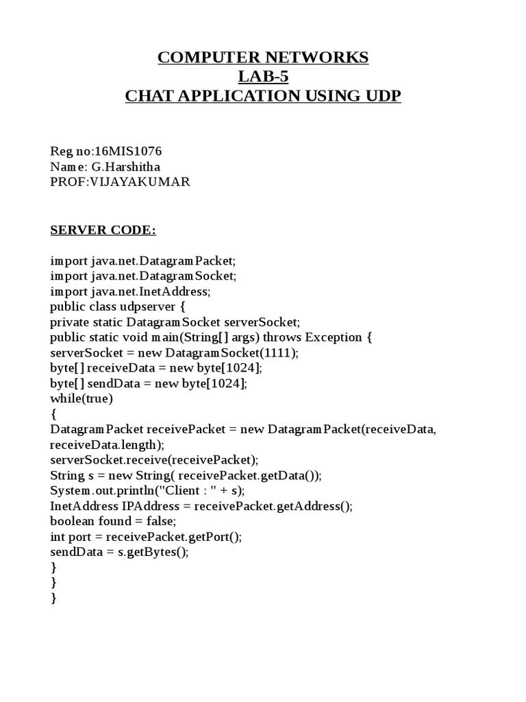 Computer Networks Lab 5 Chat Application Using Udp Server Code Pdf 0654