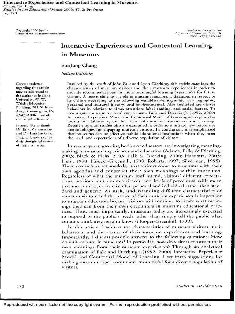 Interactive Experiences and Contextual Learning in Museums | PDF ...