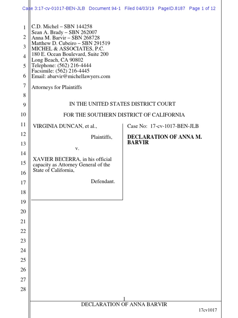 DECLARATION OF ANNA M. BARVIR in VIRGINIA DUNCAN, Et Al., Plaintiffs, v ...