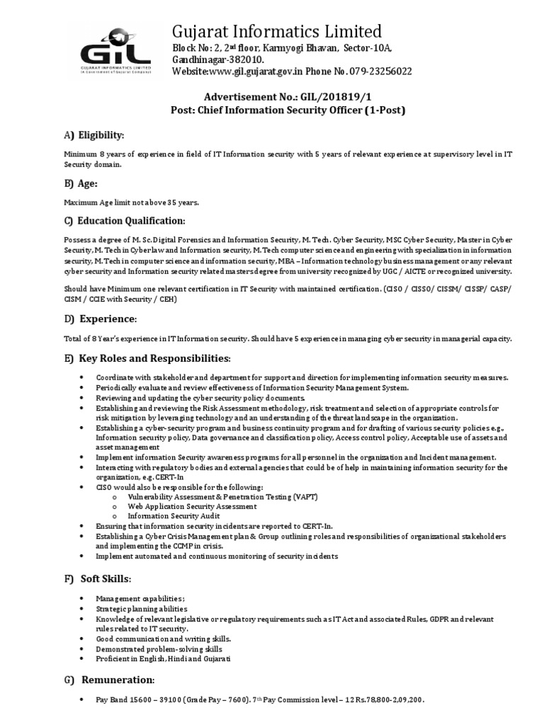 Gujarat Informatics Limited: Advertisement No.: GIL/201819/1 Post ...