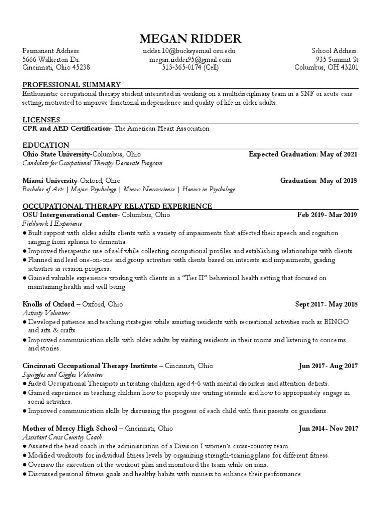 Ot Resume Research Experience | PDF | Occupational Therapy | Cognitive ...