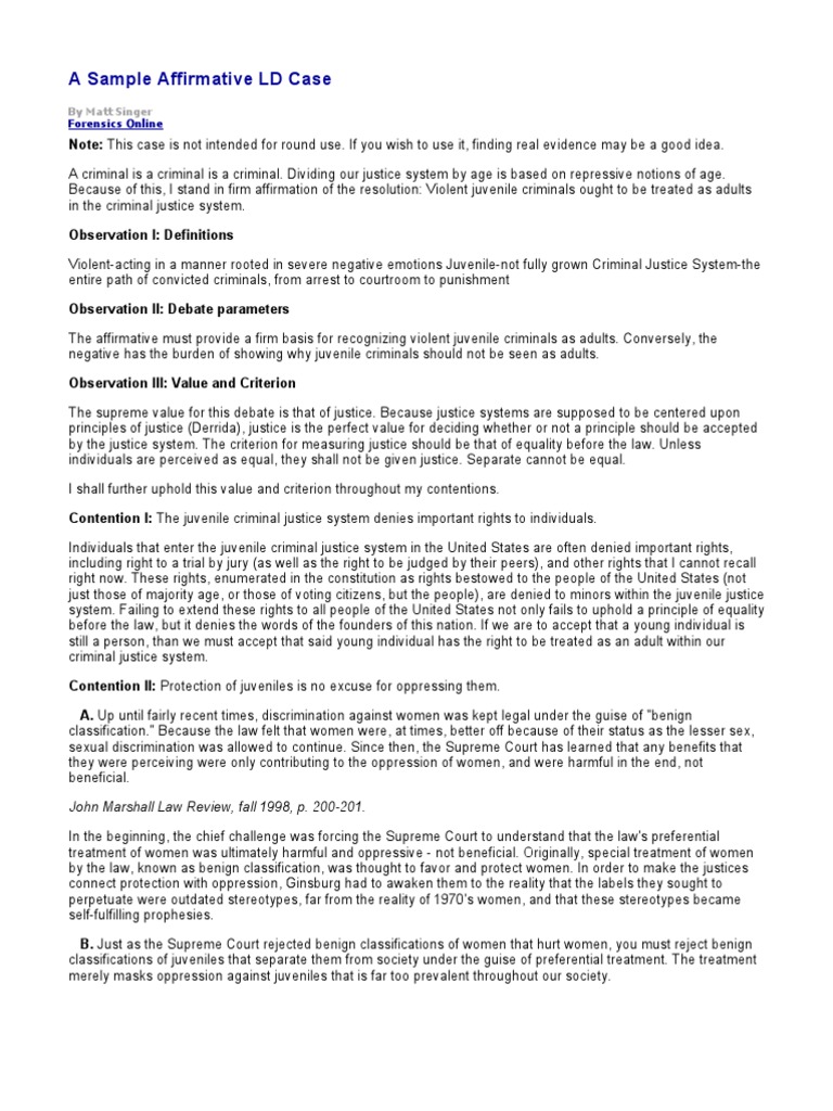 A Sample Affirmative LD Case | PDF | Minor (Law) | Crime & Violence