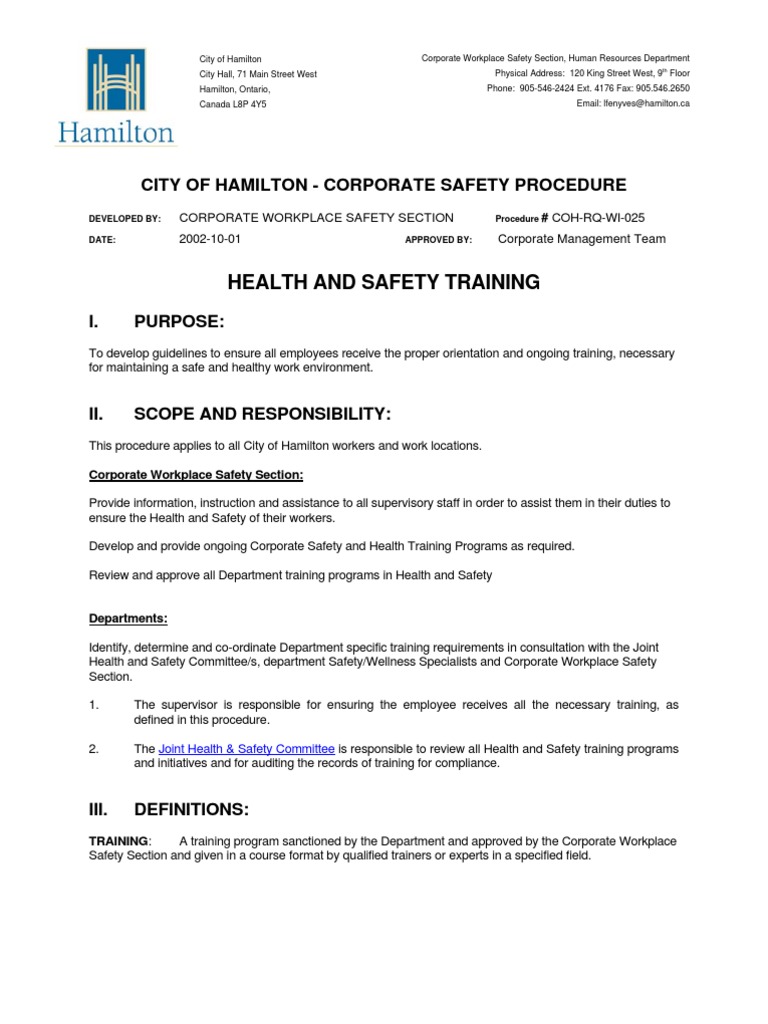 Hamilton Corporate Safety Procedure | PDF | Dangerous Goods ...