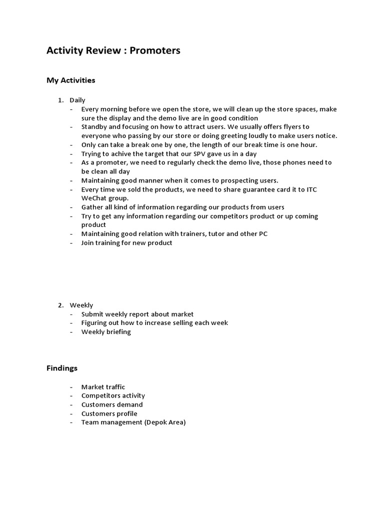 Activity Review: Promoters: My Activities | PDF